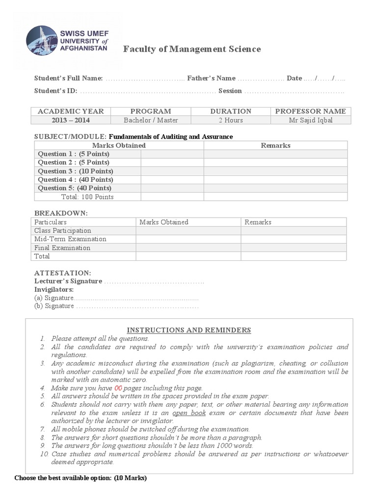 AUDITING Final Exam Paper | PDF | Audit | Test (Assessment)