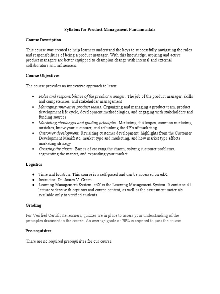 Syllabus For Product Management Fundamentals Course Description | PDF ...