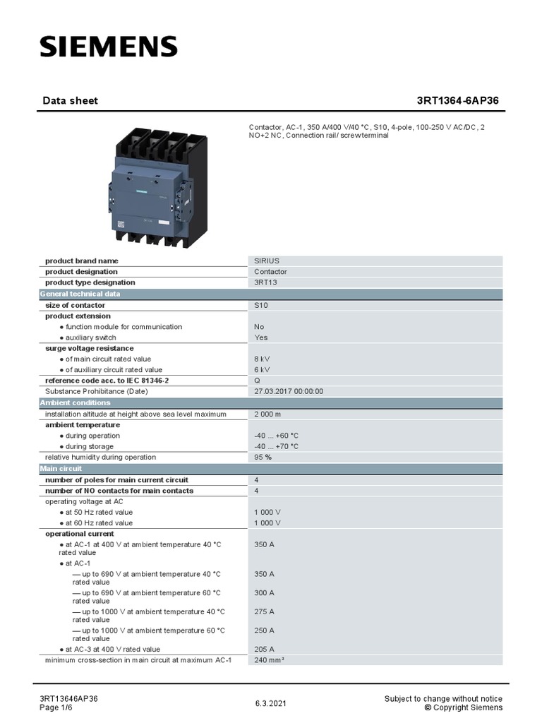 Data Sheet 3RT1364-6AP36 | PDF | Alternating Current | Inductor