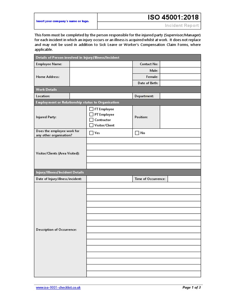 ISO 45001 2018 Incident Report Sample | PDF
