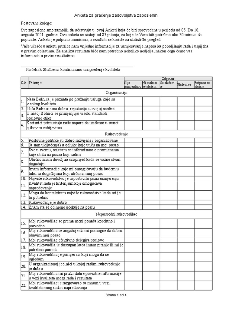 Anketa Za Zaposlene Nacrt | PDF