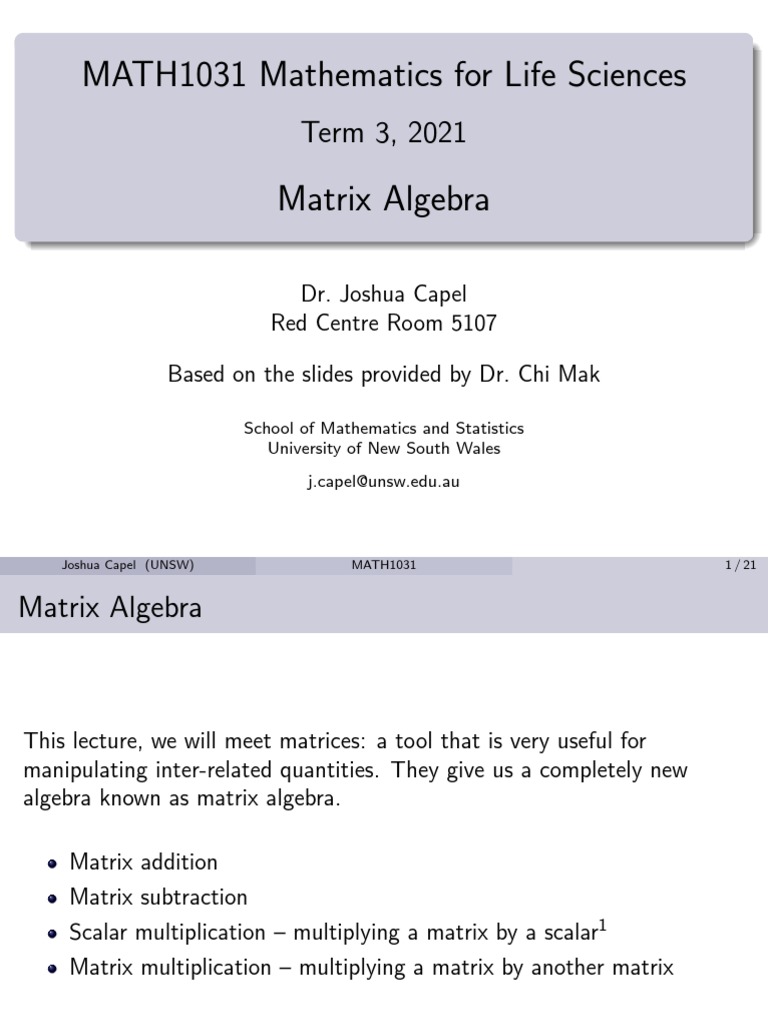 MATH1031 Mathematics For Life Sciences: Term 3, 2021 | PDF | Matrix (Mathematics) | Functions ...
