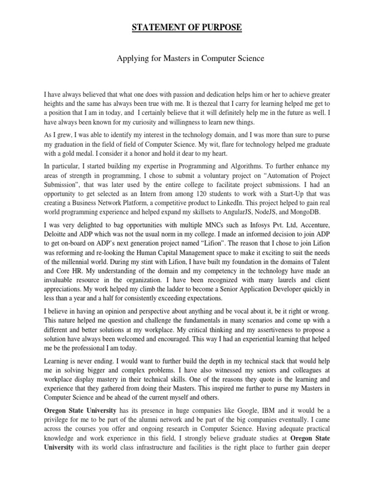 Applying For Masters in Computer Science: Statement of Purpose ...