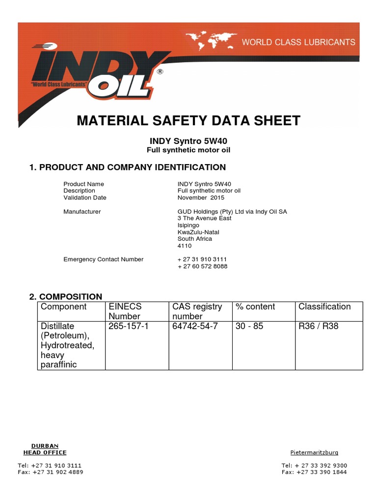 Material Safety Data Sheet: INDY Syntro 5W40 | PDF | Personal ...
