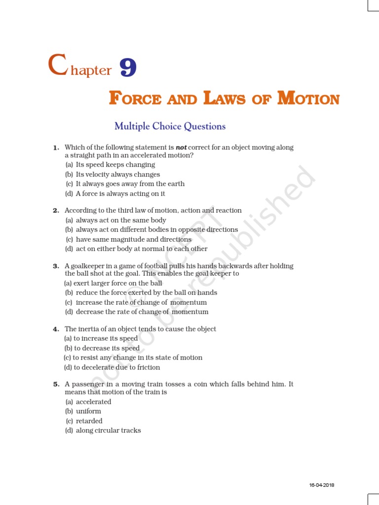 Multiple Choice Questions | PDF | Force | Acceleration