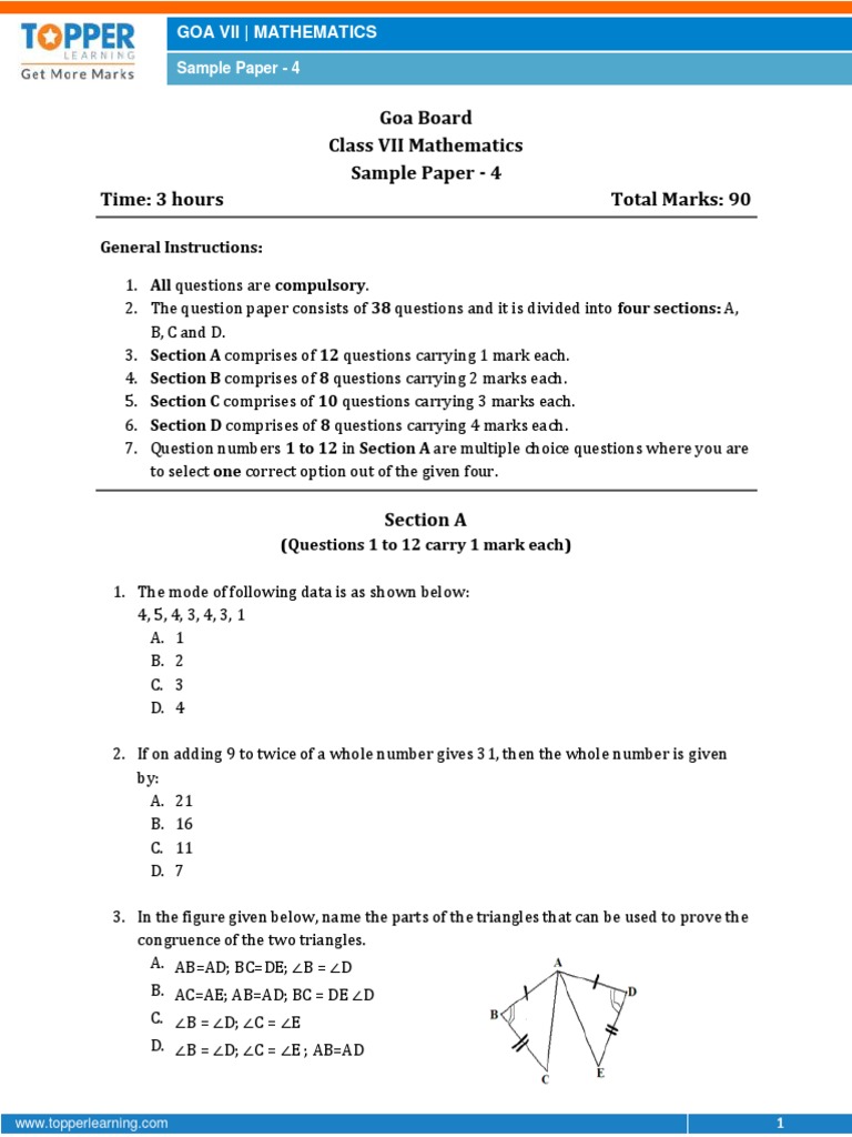Goa Board Class VII Mathematics Sample Paper - 4 Time: 3 Hours Total ...