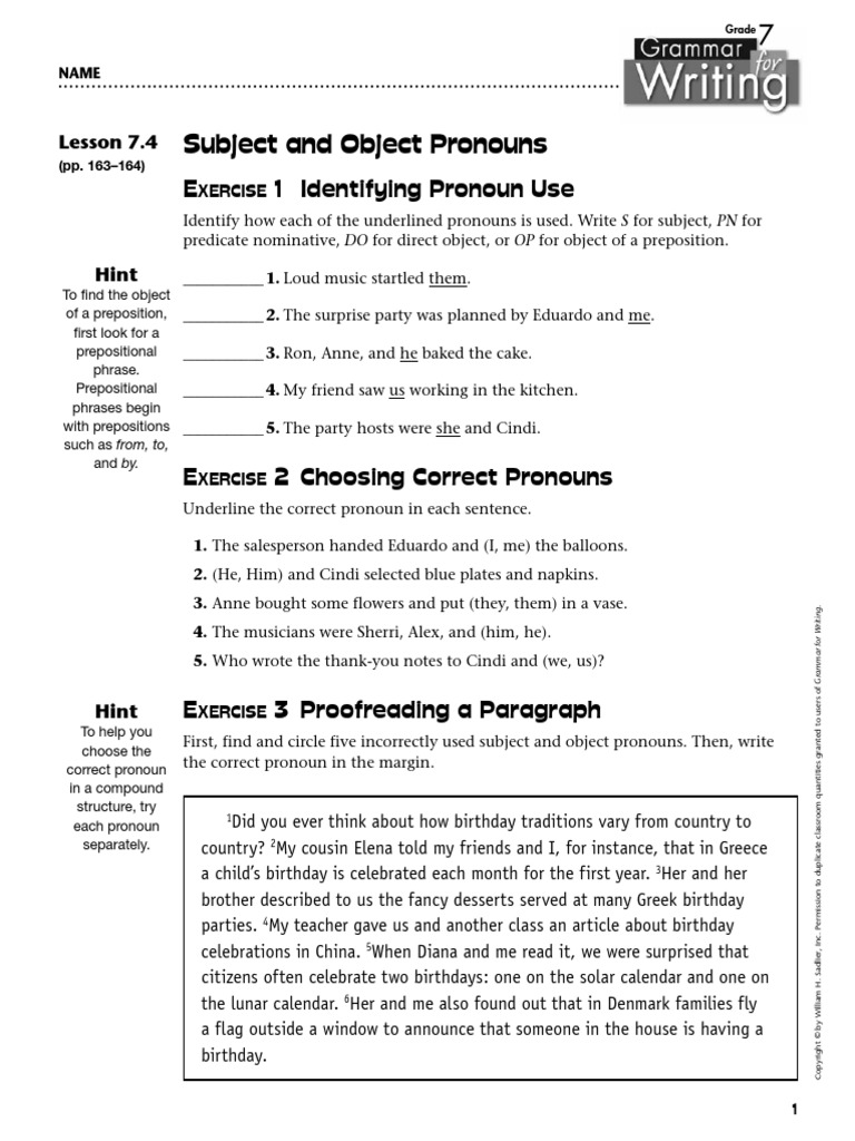 Subject and Object Pronouns: E 1 Identifying Pronoun Use | PDF | Object ...