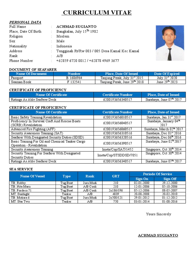 CV Achmad Sugianto | PDF | Sailor | Shipping