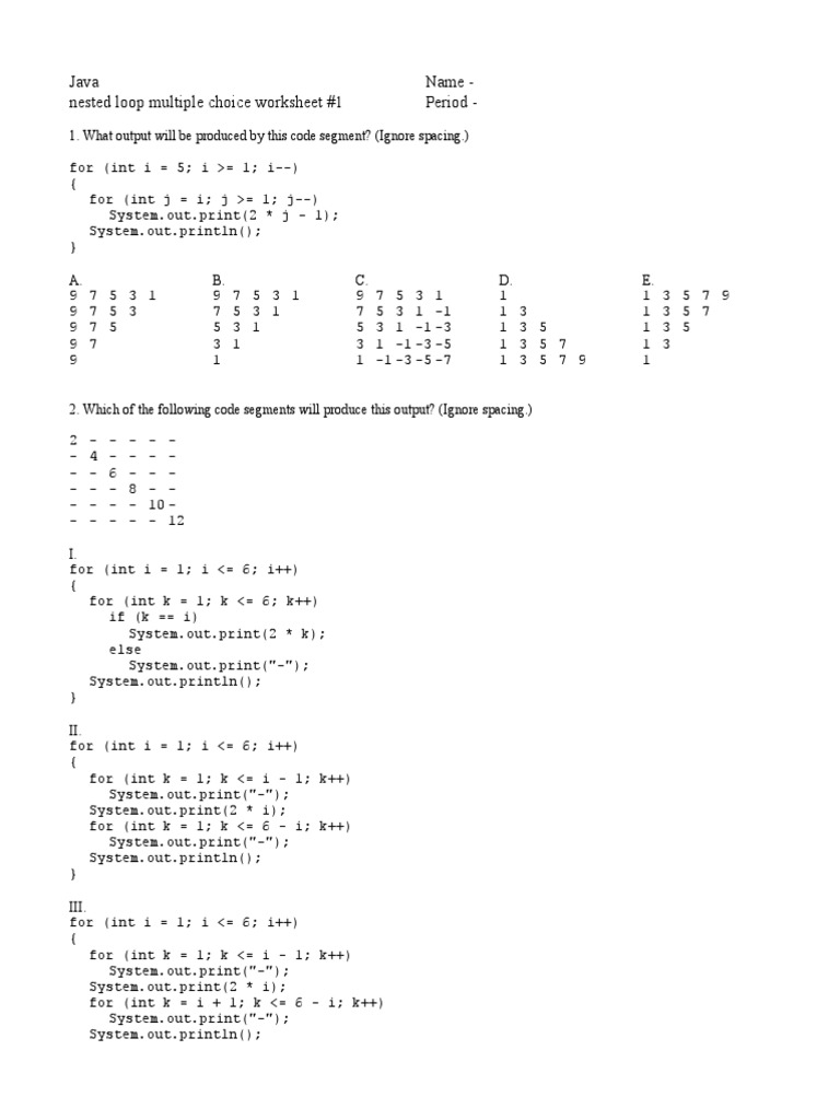 Nested Loop Multiple Choice Worksheet 1 | PDF | Theoretical Computer Science | Computer Programming