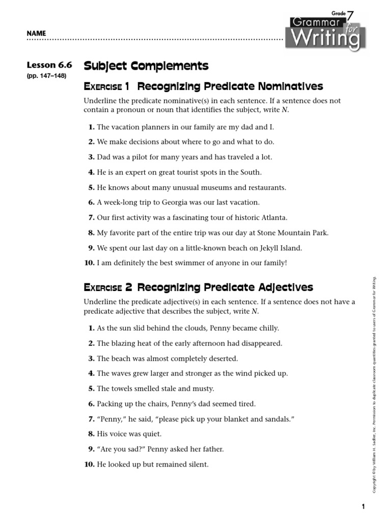 Subject Complements: E 1 Recognizing Predicate Nominatives | PDF ...