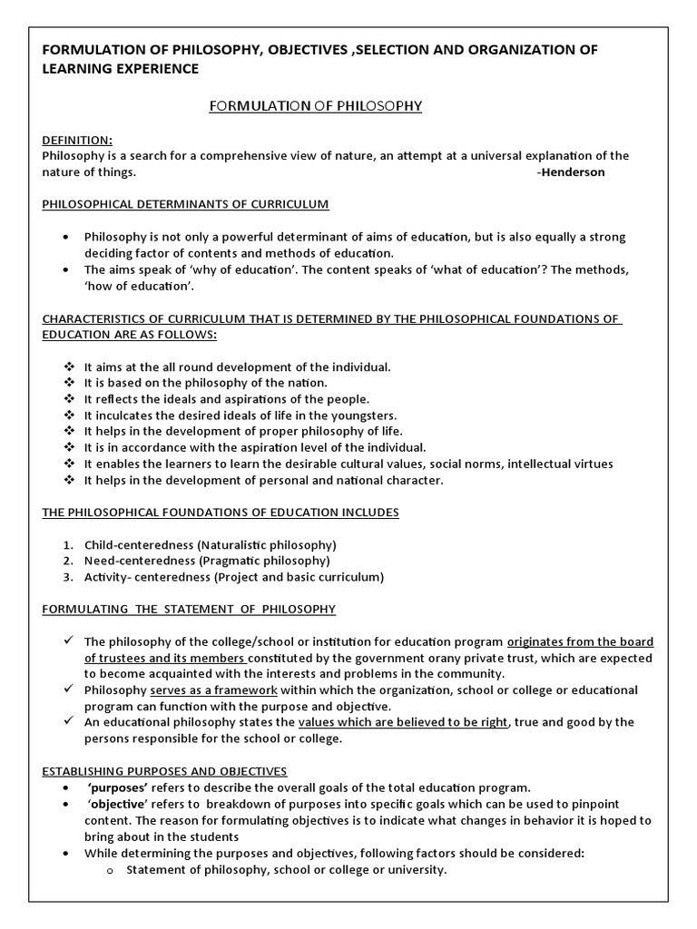 Formulation of Philosophy, Objectives, Selection and Organization of ...