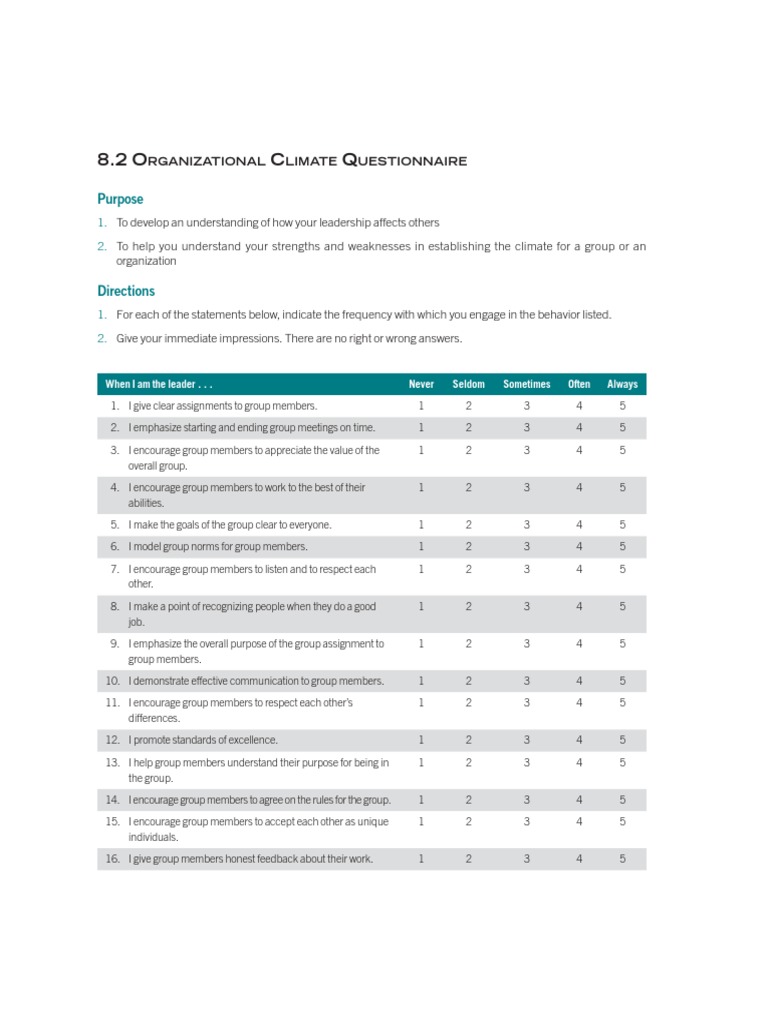 8.2 Organizational Climate Questionnaire | PDF | Leadership | Communication