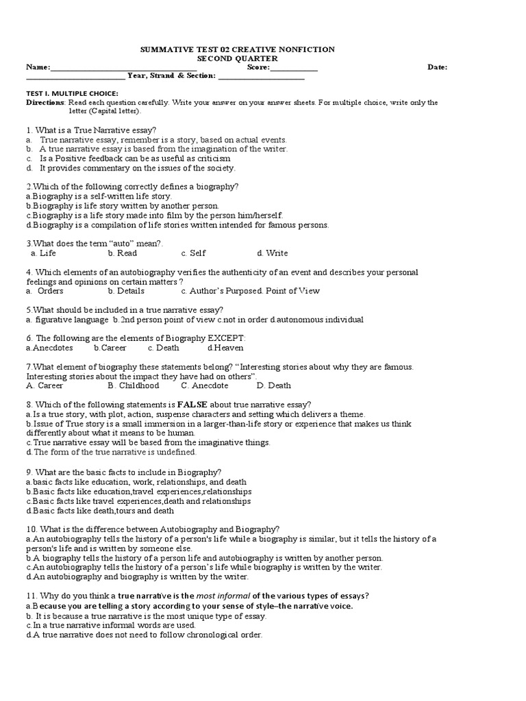 Summative Test 02 Creative Nonfiction | PDF | Narrative | Narration