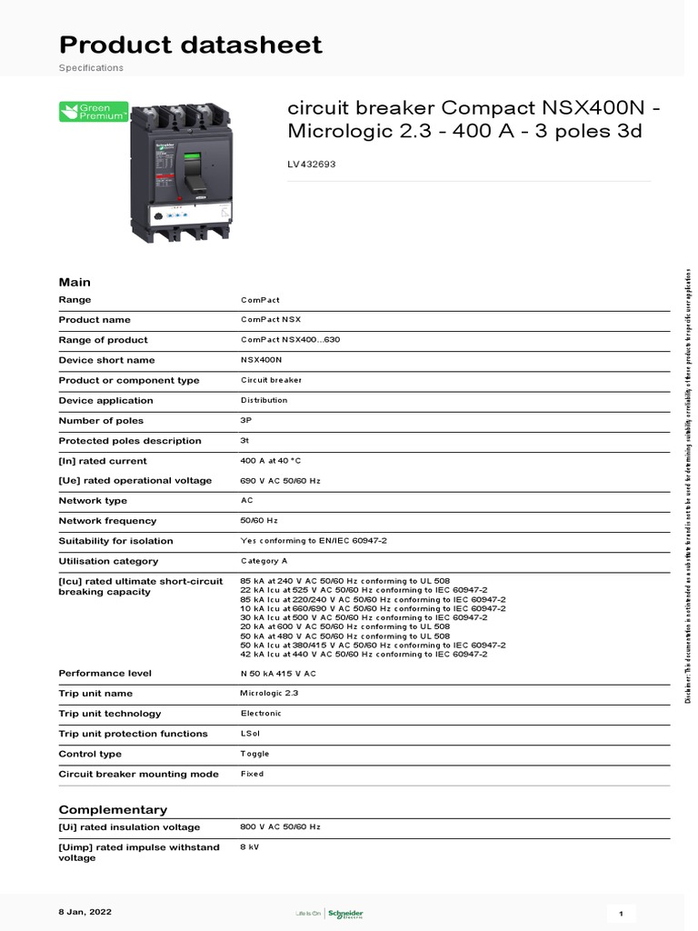NSX400N Circuit Breaker Datasheet | PDF | Manufactured Goods ...