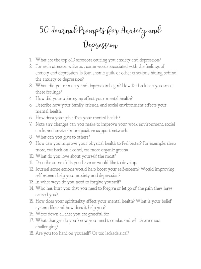 Free PDF Printable 50 Journal Prompts For Anxiety and Depression ...