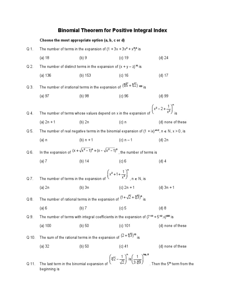 Binomial Theorem Multiple Choice Questions | PDF | Discrete Mathematics ...