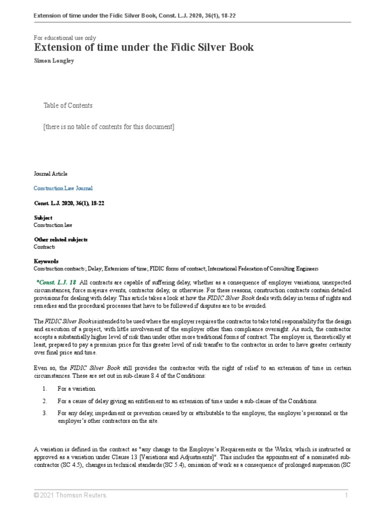 Simon Longley-Extension of Time Under The Fidic Silver Book | PDF | Employment | Risk