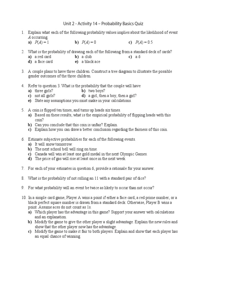 Unit 2 - Activity 14 - Probability Basics Quiz | PDF | Probability ...
