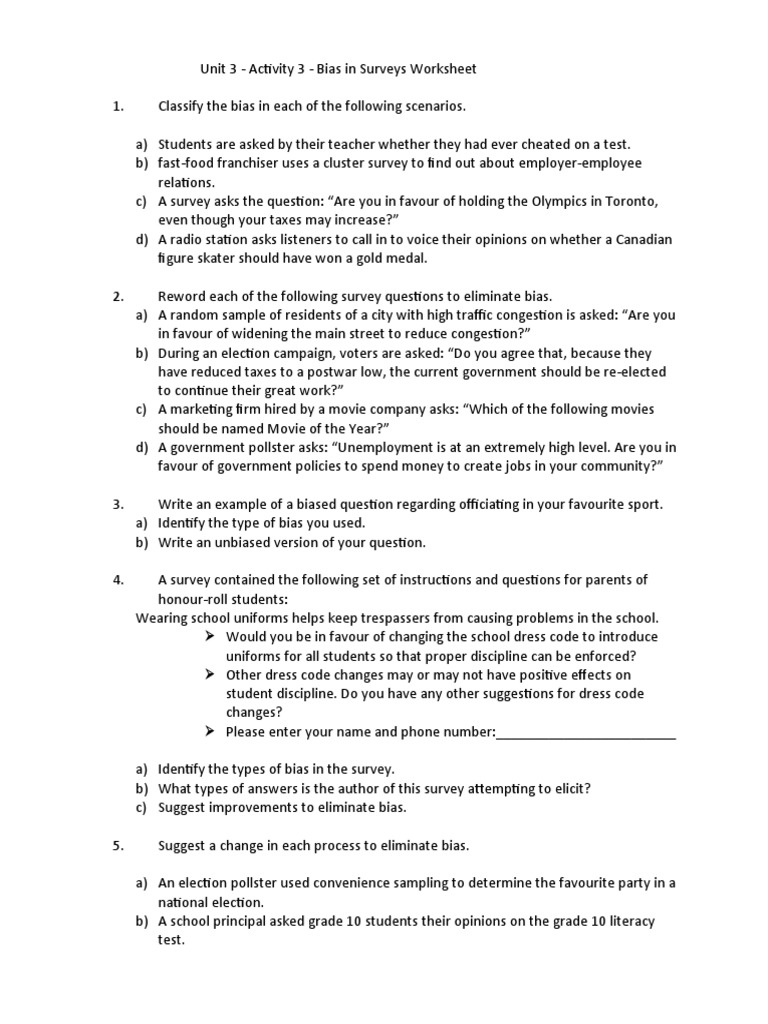 Unit 3 - Activity 3 - Bias in Surveys Worksheet | PDF | Opinion Poll