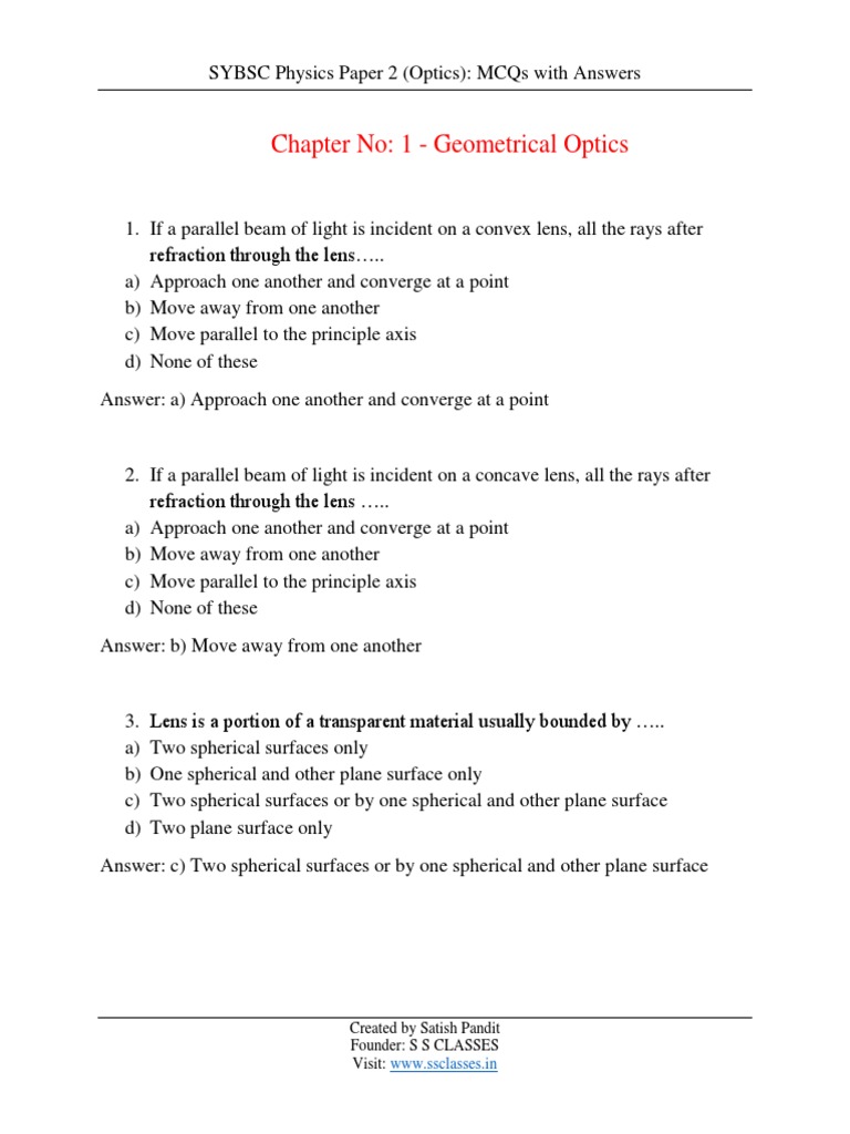 1628598558881SYBSC Physics Paper 2 - Optics MCQs With Answers | PDF ...