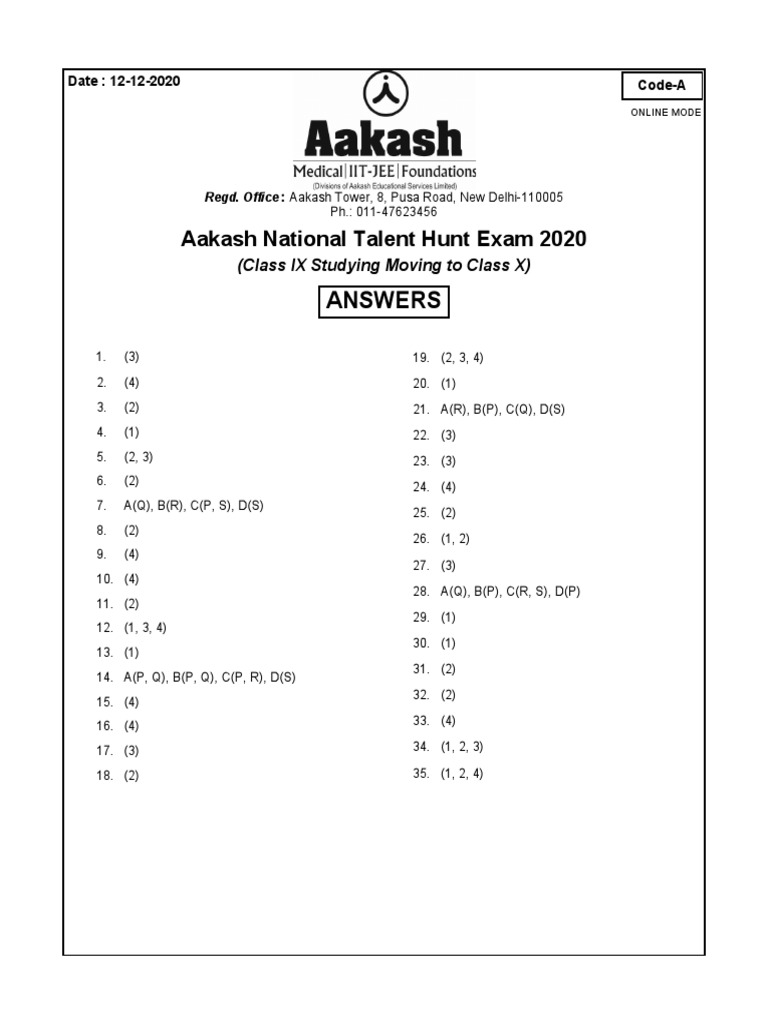 Aakash National Talent Hunt Exam 2020: Answers | PDF