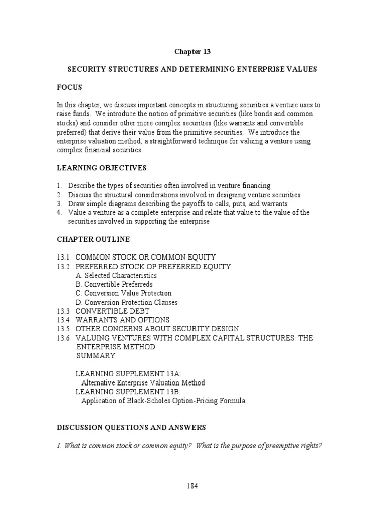 Security Structures and Determining Enterprise Values Focus | Descargar gratis PDF | Stocks ...
