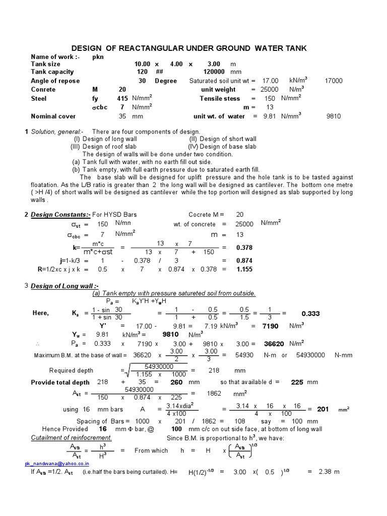 Rectangular Water Tank Design Calculations | PDF | Civil Engineering ...