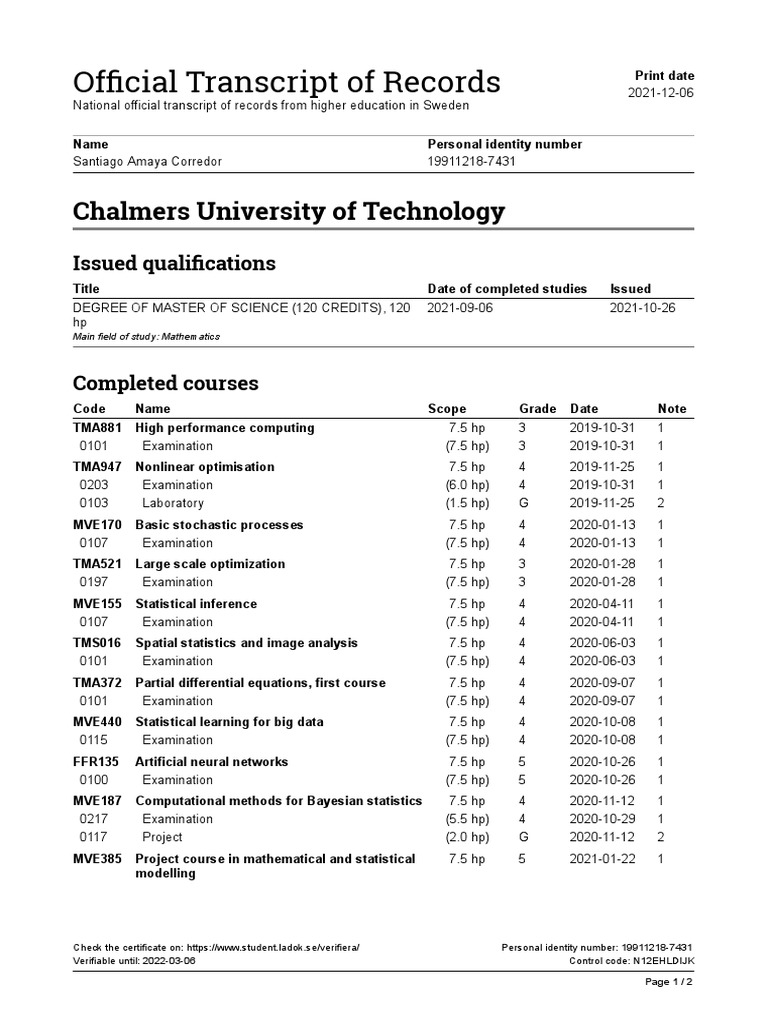 Official Transcript of Records: Chalmers University of Technology | PDF ...
