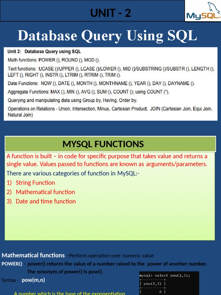 Unit-2 Functions in SQL | PDF | Numbers | Parameter (Computer Programming)