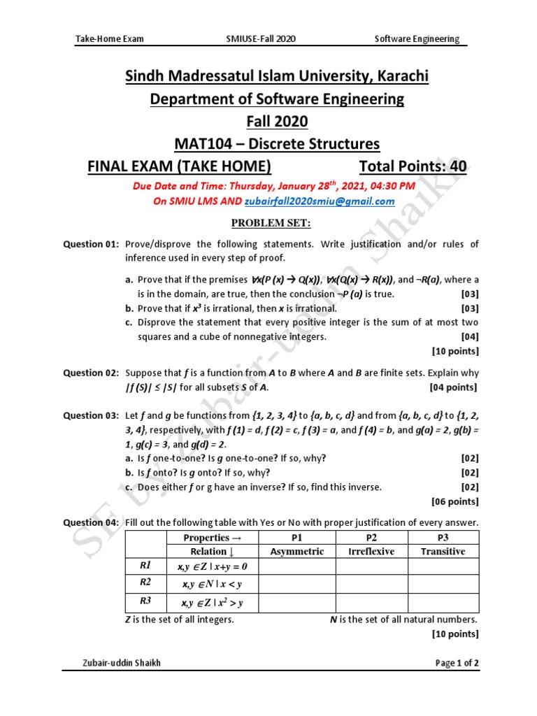 Take Home Exam - Discrete Structures | PDF | Function (Mathematics) | Mathematical Logic