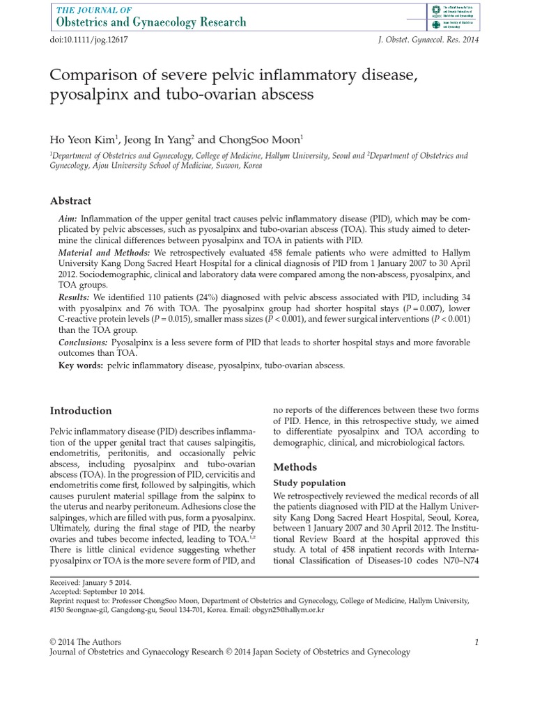 Comparison of Severe Pelvic Inflammatory Disease, Pyosalpinx and Tubo ...