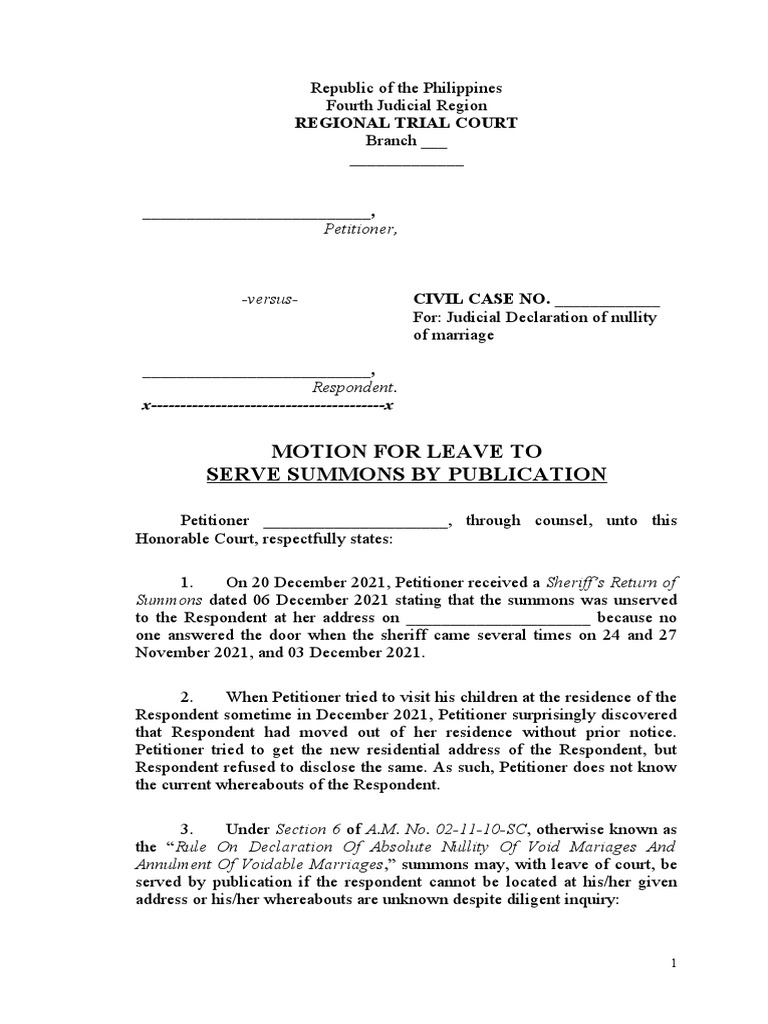 Motion For Leave To Serve Summons by Publication | PDF | Annulment ...