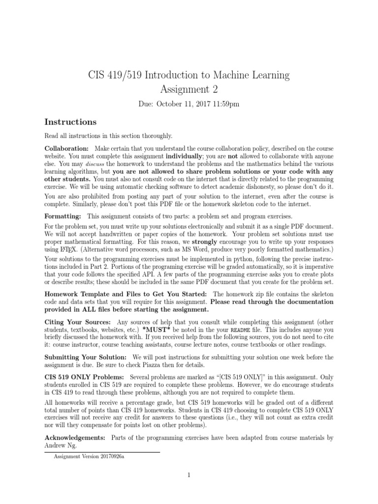 CIS 419/519 Introduction To Machine Learning Assignment 2: Instructions ...
