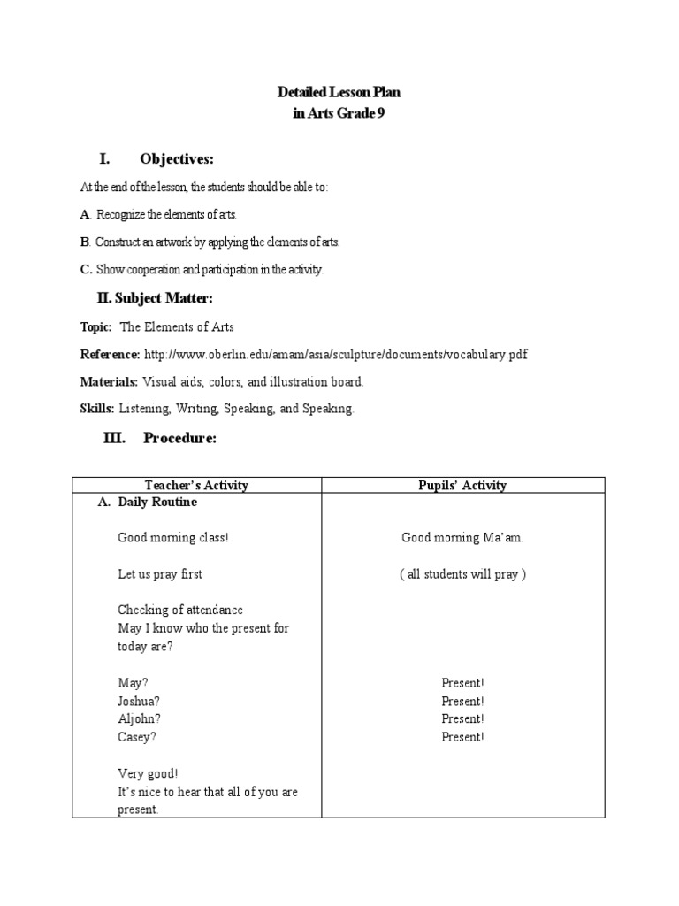 Detailed Lesson Plan in ART | PDF | Light | Learning