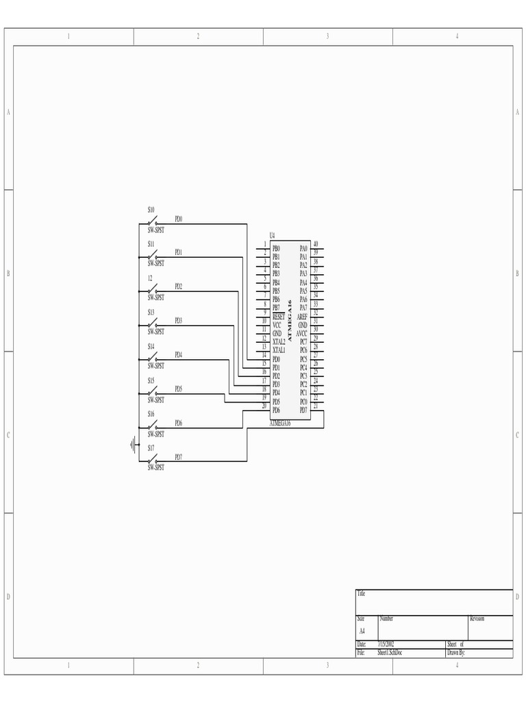 Pinout diagram and switch configuration of an ATMEGA16 microcontroller ...