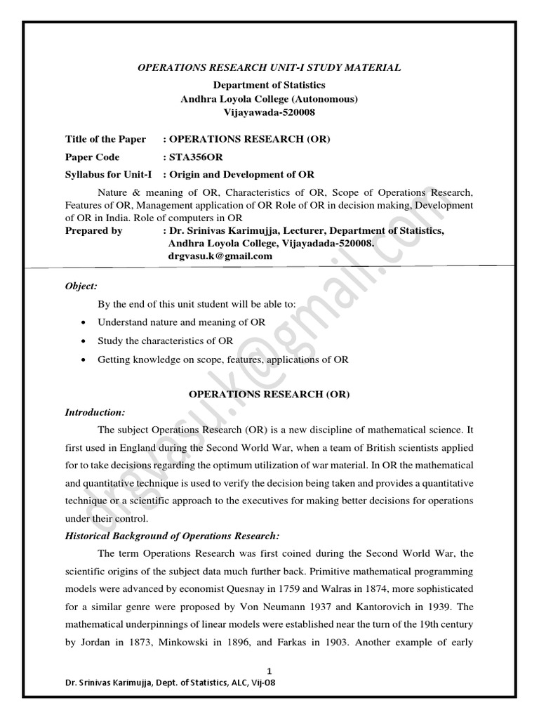 Unit.1 Operations Research Notes (By Dr. Ksrinivas) | Download Free PDF ...