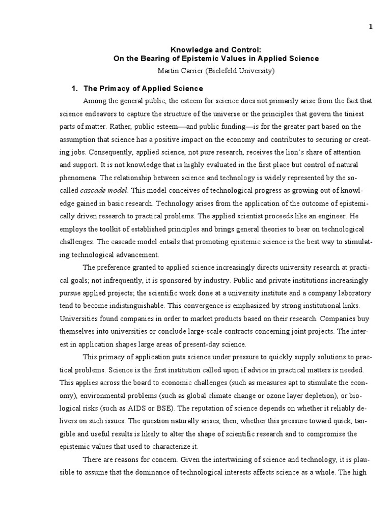 Knowledge and Control - On The Bearing of Epistemic Values in Applied ...