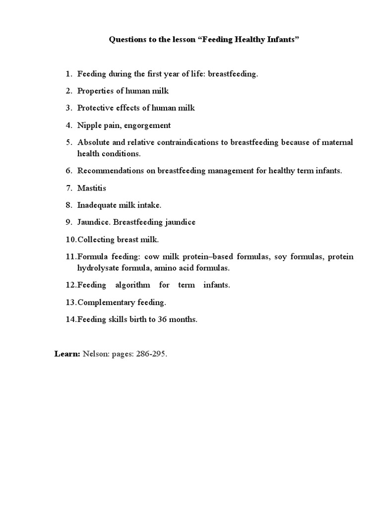 Questions To The Lesson "Feeding Healthy Infants": Nelson: Pages: 286 ...