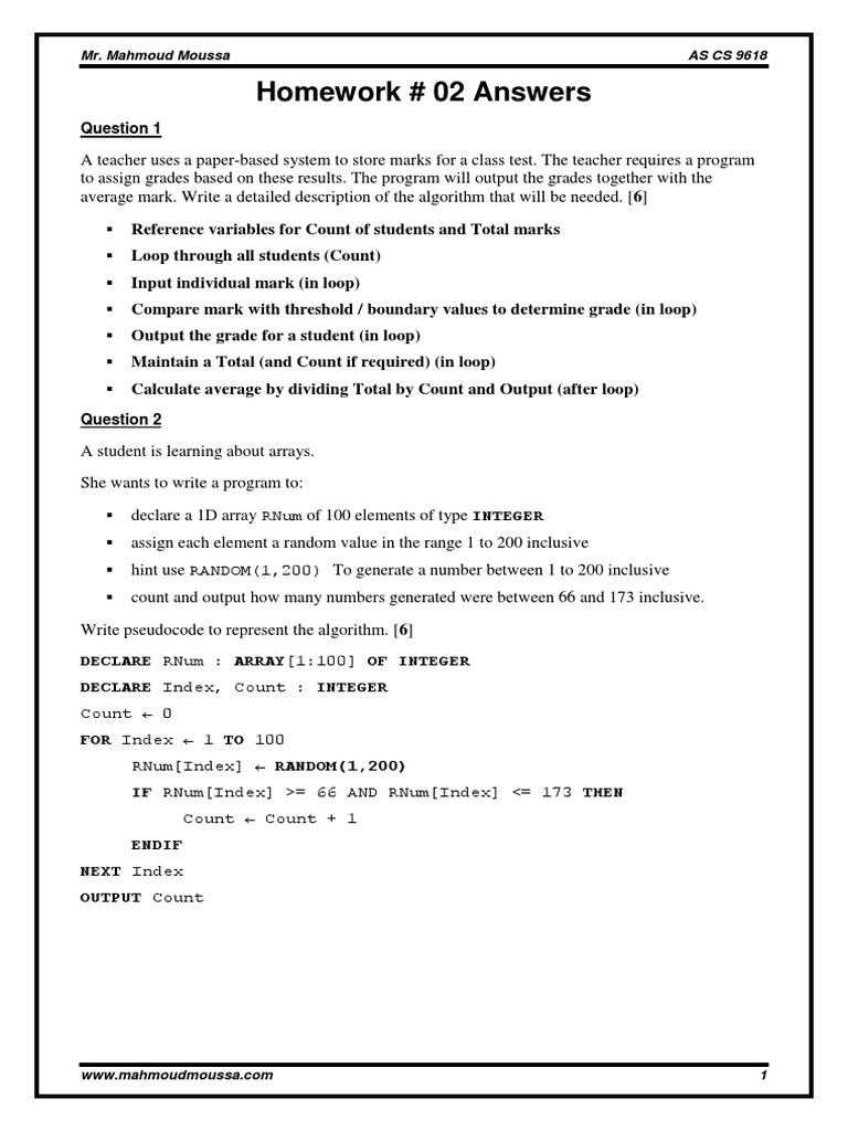 Homework # 02 Answers: Mr. Mahmoud Moussa AS CS 9618 | PDF | Algorithms | Array Data Structure