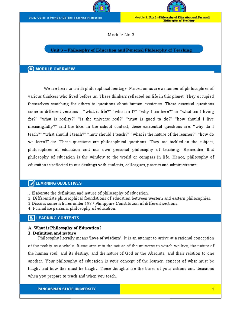 Unit 3 - Philosophy of Education and Personal Philosophy of Teaching ...