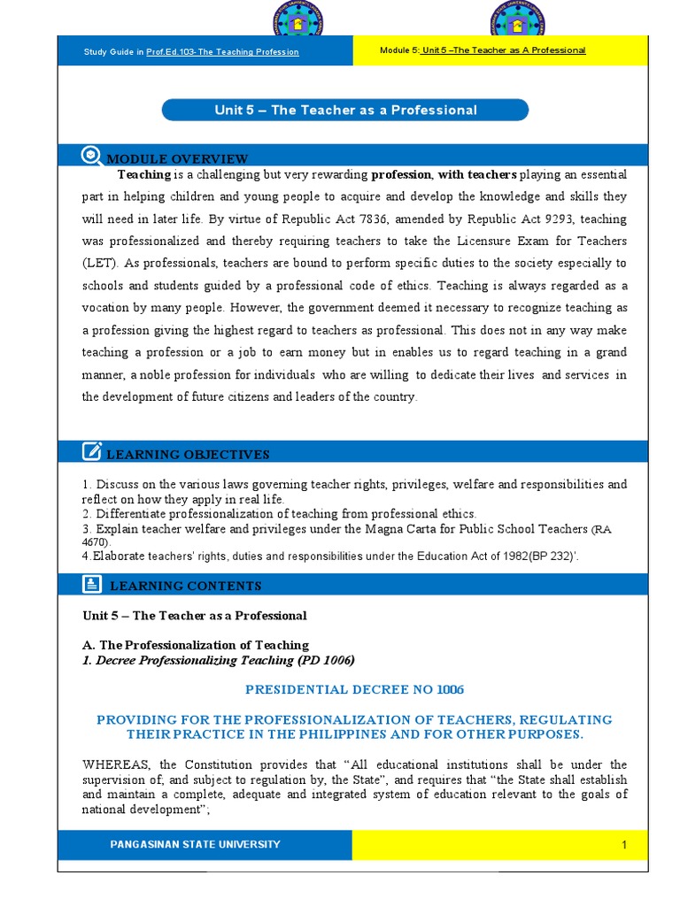 Module Overview: Unit 5 - The Teacher As A Professional | PDF ...