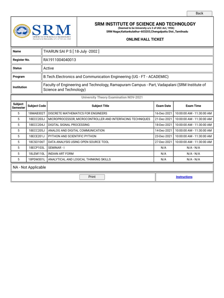 SRM Institute of Science and Technology: Online Hall Ticket | PDF | Computer Science | Science ...