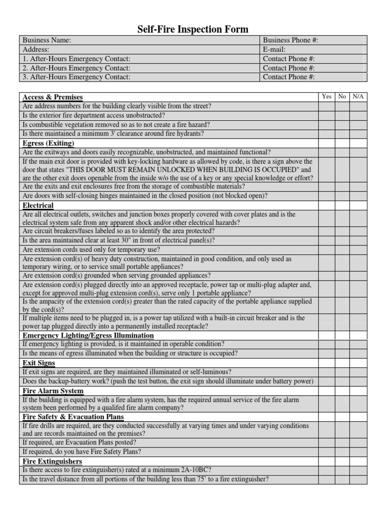 Self-Fire Inspection Form: Access & Premises | PDF | Fire Sprinkler System | Ac Power Plugs And ...