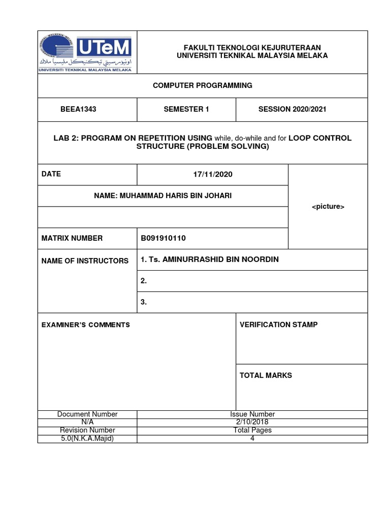 Lab 2: Program On Repetition Using Loop Control Structure (Problem ...