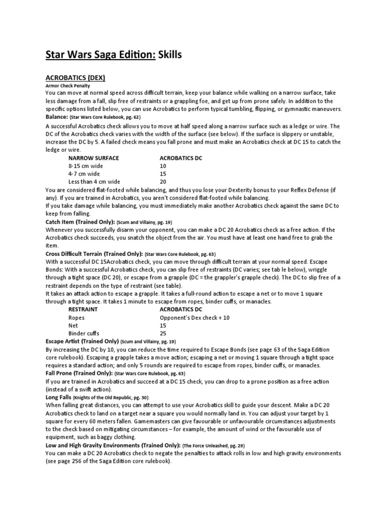 Star Wars Saga Edition: Skills: Acrobatics (Dex) | PDF | Deception ...