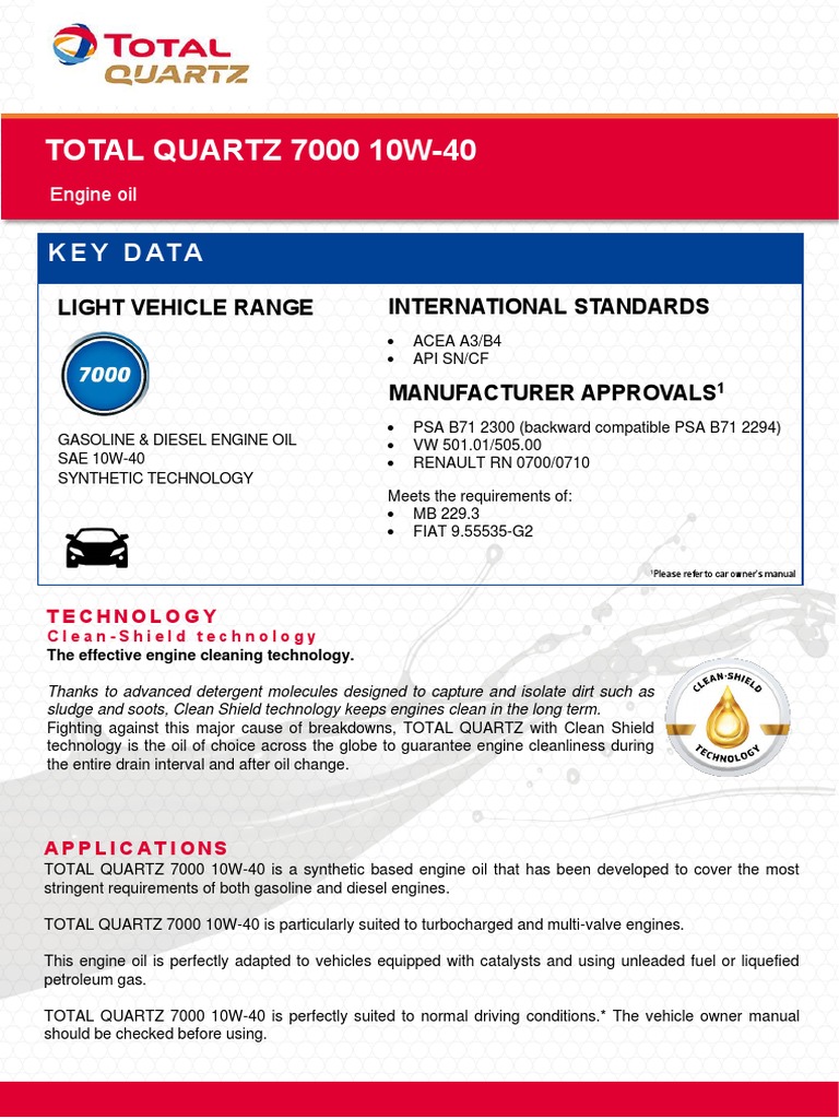 TOTAL QUARTZ 7000 10W-40: Key Data | PDF | Motor Oil | Chemistry