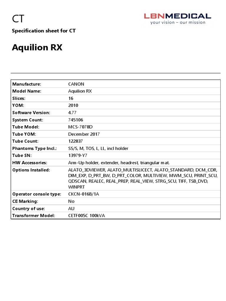 Aquilion RX: Specification Sheet For CT | PDF