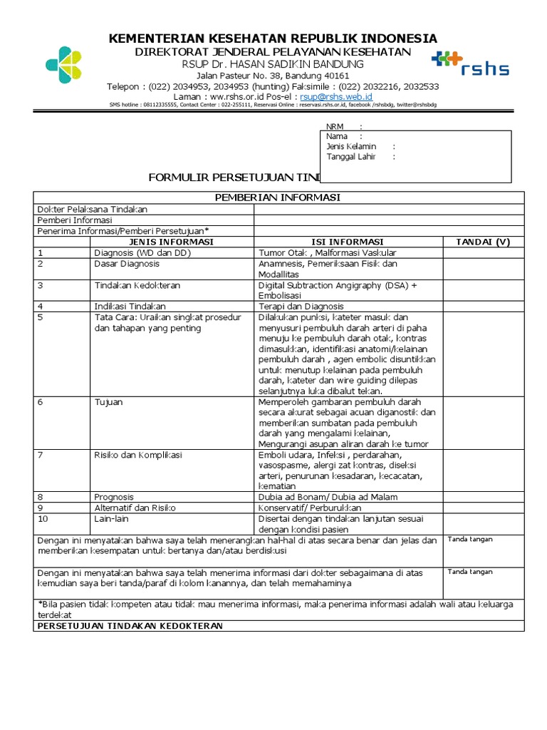 Formulir Persetujuan Tindakan Dsa Dan Embolisasi | PDF