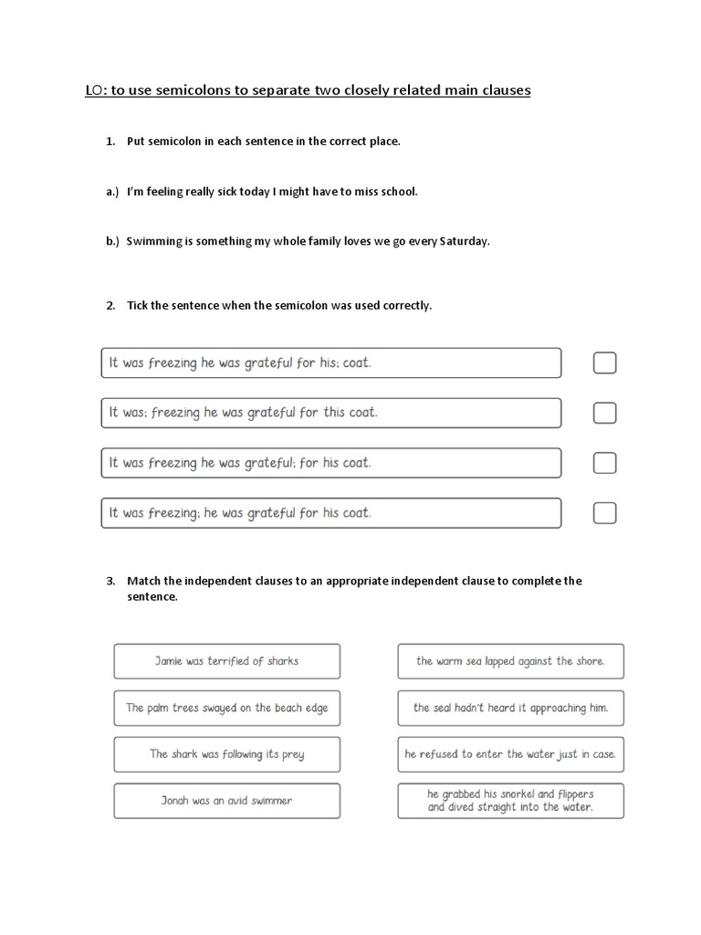 Semicolon Worksheet | PDF
