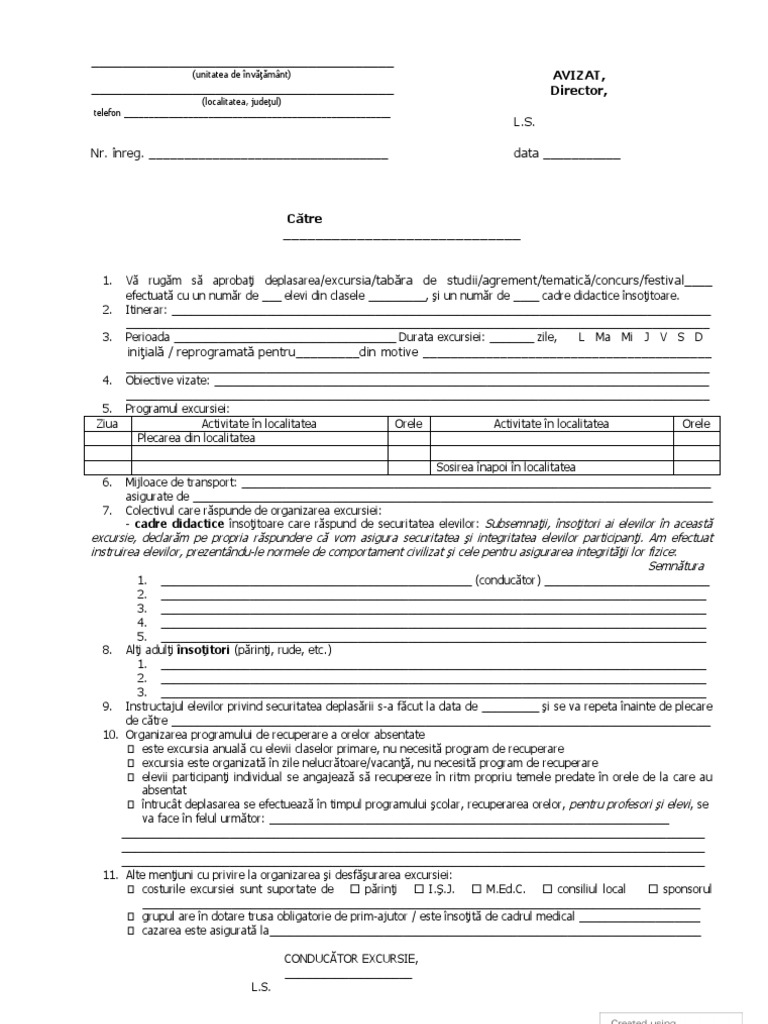 Formular excursie scolara